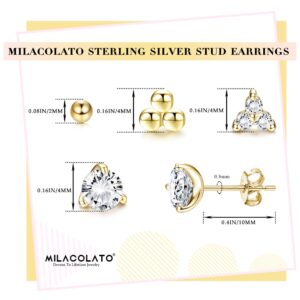 Milacolato Tiny Stud Earrings Set for Women 14K Gold Plated Sterling Silver Small Ball Trio Ball CZ Studs Round Cubic Zirconia Simulated Diamond Earring Minimalist Tragus Cartilage Piercing