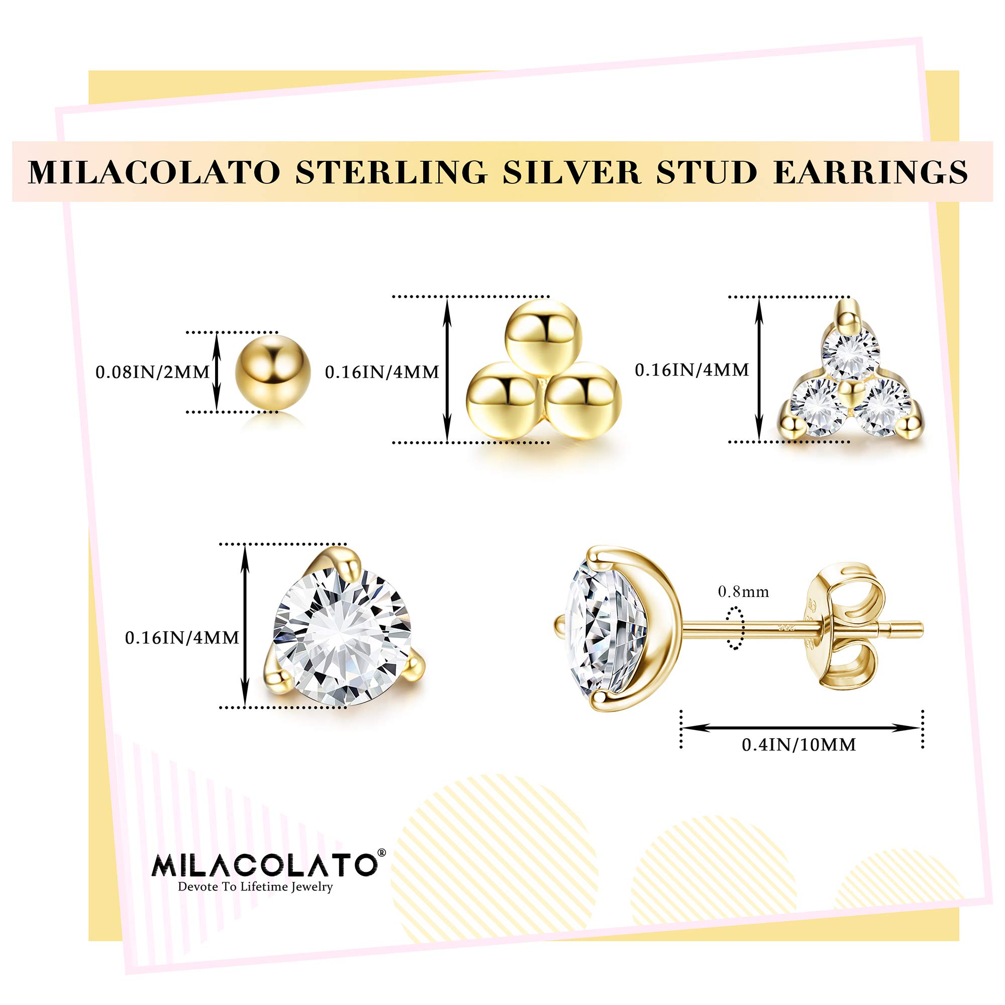 Milacolato Tiny Stud Earrings Set for Women 14K Gold Plated Sterling Silver Small Ball Trio Ball CZ Studs Round Cubic Zirconia Simulated Diamond Earring Minimalist Tragus Cartilage Piercing