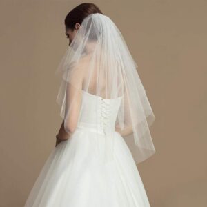 unsutuo 2 tiers bride wedding veil short fingertip bridal tulle veil with comb and cut edge (white)