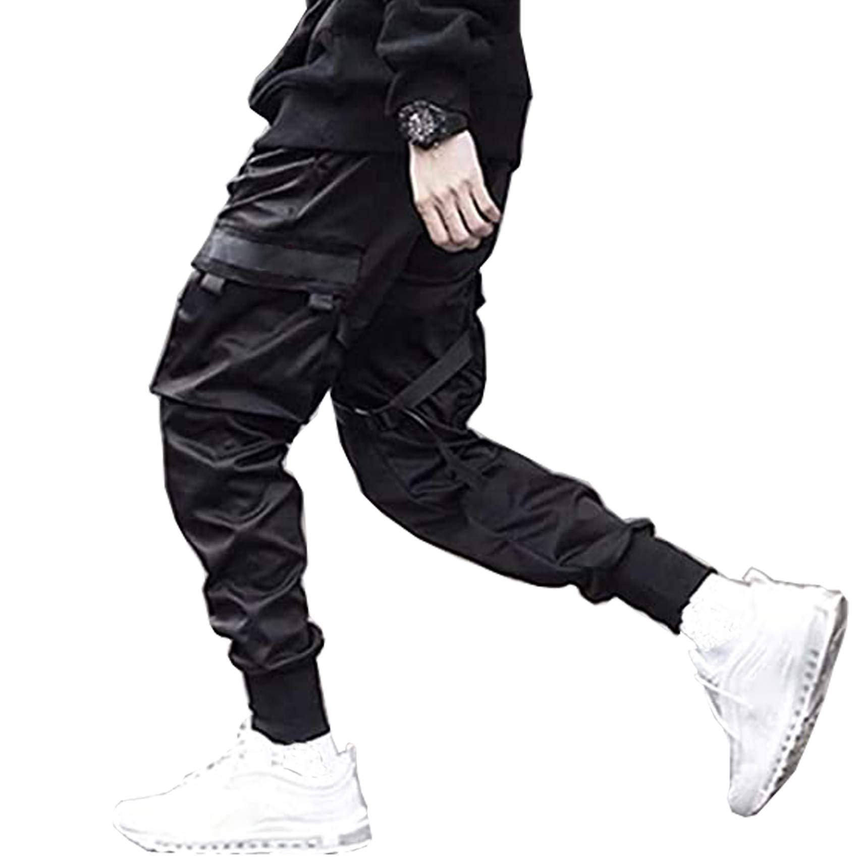 BITLIVE Men's Joggers Pants Fashion Casual Jogging Long Multi-Pockets Outdoor Cool Pant with Drawstring (Medium, Black)