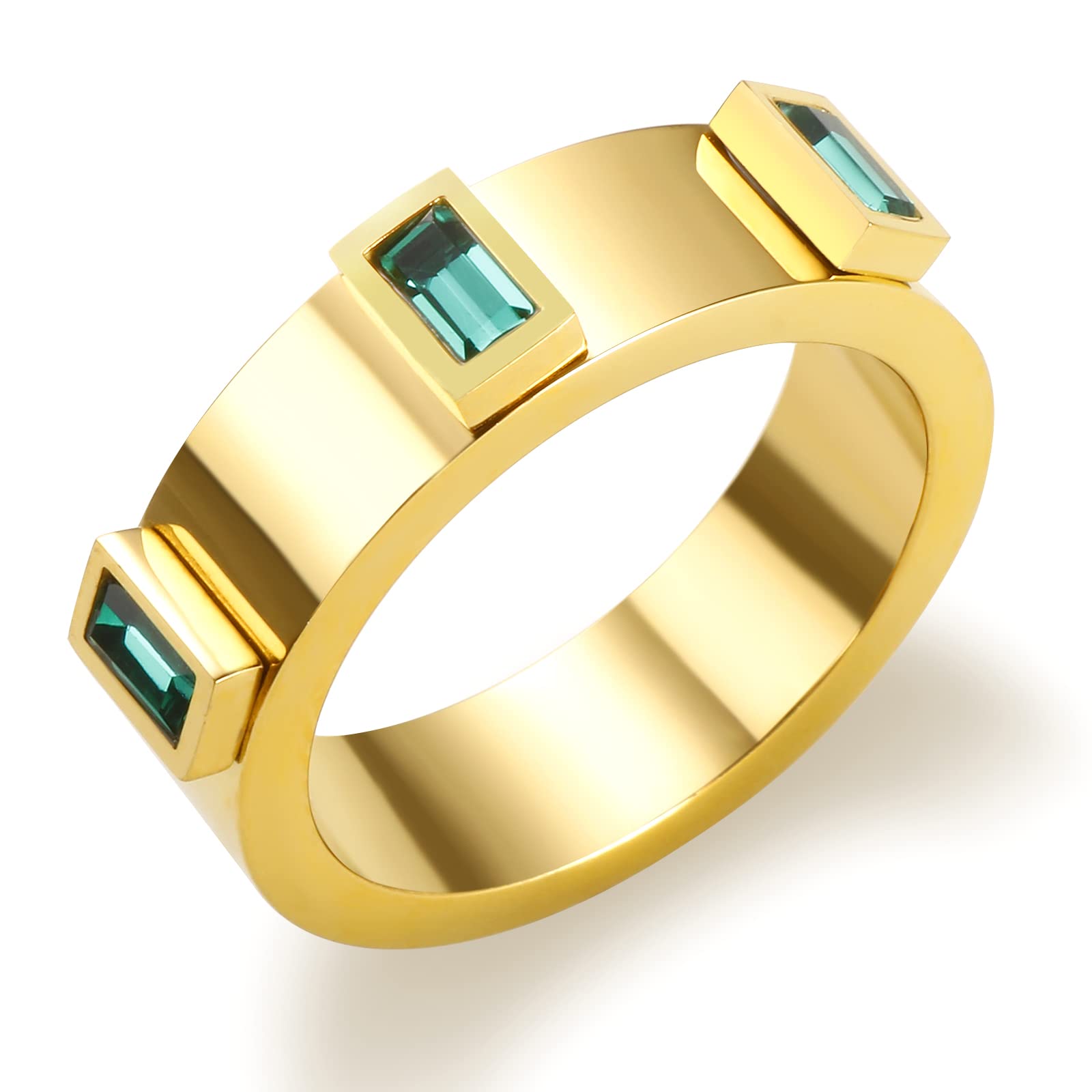 JINHUI Green Emerald Ring for Women, 18k Gold Plated Delicate Emerald Cut Ring, Dainty Birthstone Ring Jewelry Gift (Size 8).