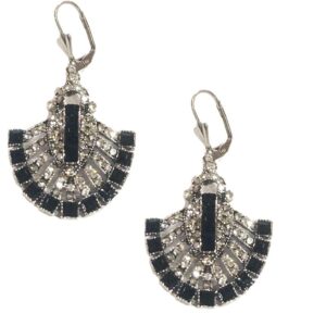 silver tone art deco antique vintage retro style jet black onyx rhinestone dangle earrings