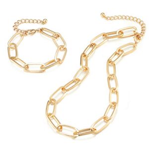 lane woods gold chain necklace and bracelet for women ladies dainty and chunky chain link paperclip jewelry set