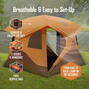 Gazelle T4 Extra Large 2 Door 4 Person Instant Portable Pop Up Outdoor Camping Hub Tent with Removable Floor and Rain Fly, Easy Setup, Orange