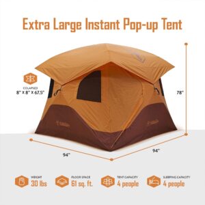 Gazelle T4 Extra Large 2 Door 4 Person Instant Portable Pop Up Outdoor Camping Hub Tent with Removable Floor and Rain Fly, Easy Setup, Orange