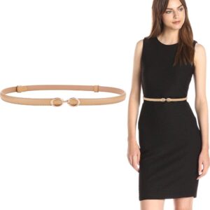 alaix women's leather skinny belt for dress adjustable thin waist belt for lady waistband with golden buckle apricot