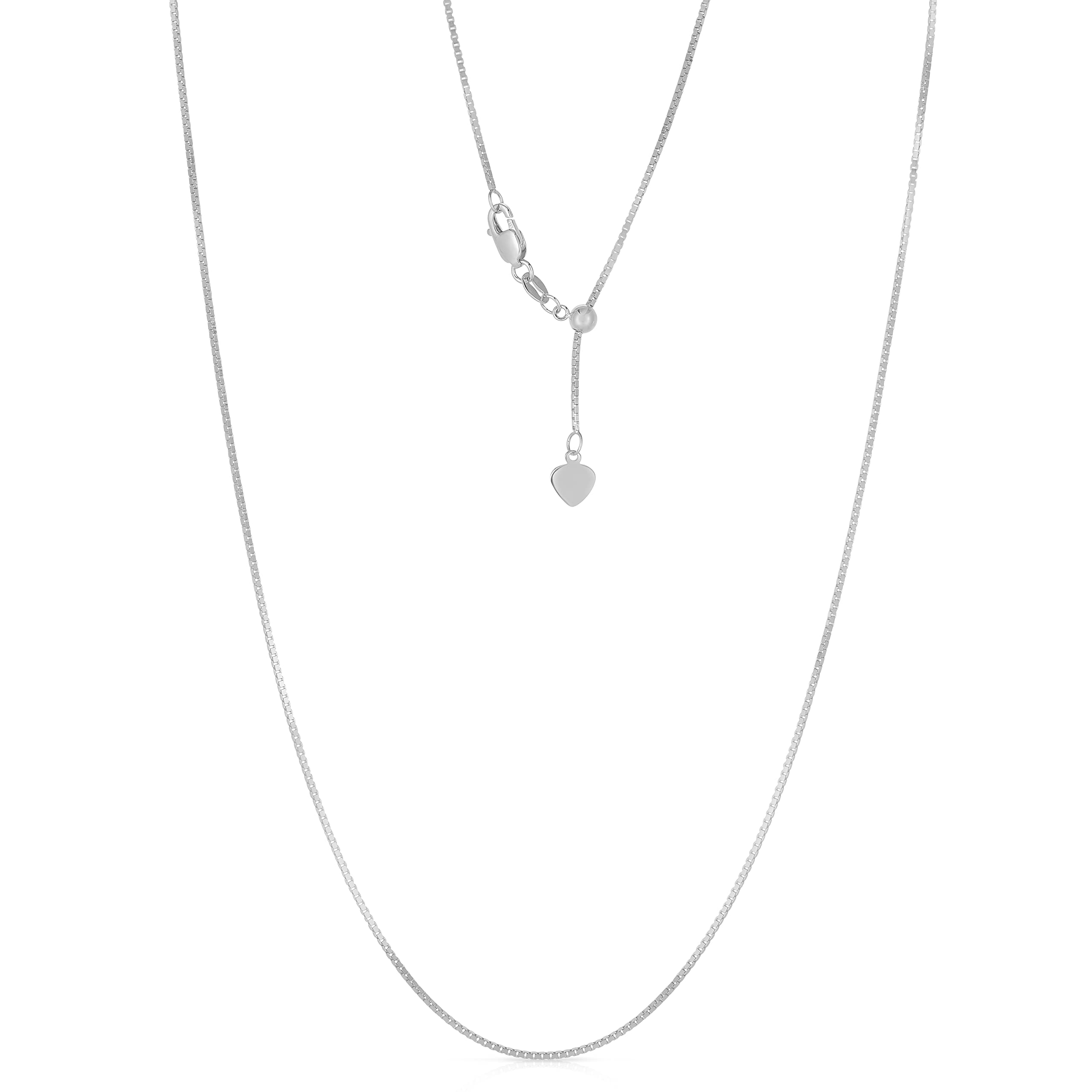 Floreo 10k White Gold 1mm Adjustable Box Chain with Spring Ring Clasp and Small Heart Charm, 24 inch