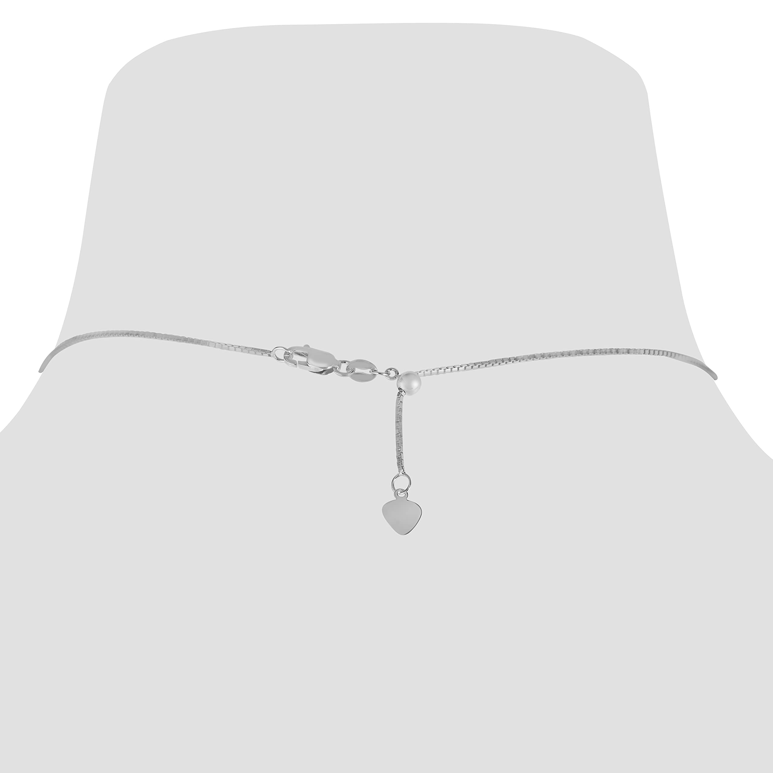 Floreo 10k White Gold 1mm Adjustable Box Chain with Spring Ring Clasp and Small Heart Charm, 24 inch