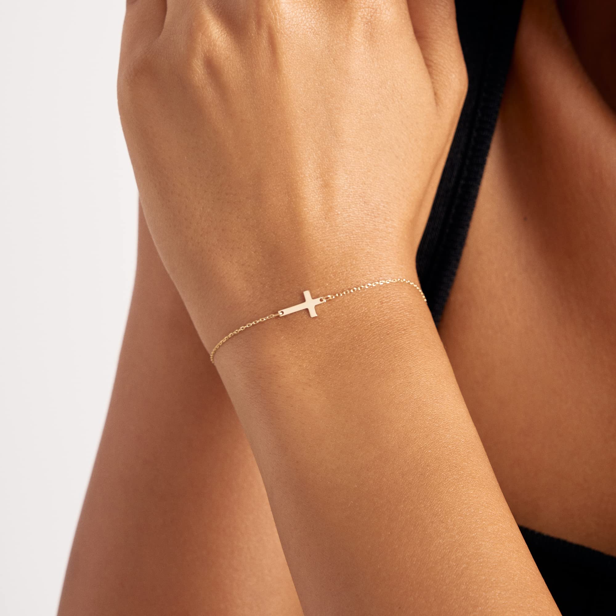 14k Real Gold Cross Bracelet | 14k Solid Gold Crucifix Bracelet for Women | Dainty Sideways Cross Bracelet | Women's 14k Gold Religious Jewelry | Gift for Her, Adjustable 6" to 7"