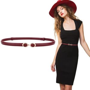 alaix women's leather skinny belt for dress adjustable thin waist belt for lady waistband with golden buckle winered