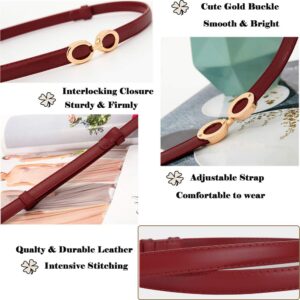 ALAIX Women's Leather Skinny Belt for Dress Adjustable Thin Waist Belt for Lady Waistband with Golden Buckle Winered