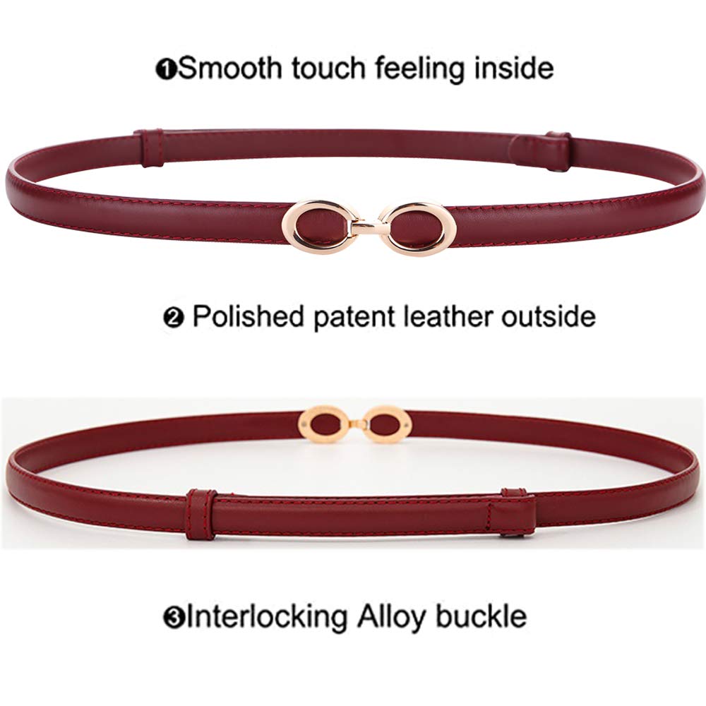 ALAIX Women's Leather Skinny Belt for Dress Adjustable Thin Waist Belt for Lady Waistband with Golden Buckle Winered