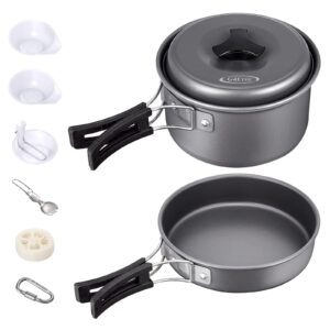 g4free 11pcs/13pcs camping cookware mess kit hiking backpacking picnic cooking bowl non stick pot pan knife spoon set(11pcs black)