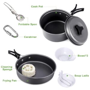 G4Free 11PCS/13PCS Camping Cookware Mess Kit Hiking Backpacking Picnic Cooking Bowl Non Stick Pot Pan Knife Spoon Set(11PCS Black)