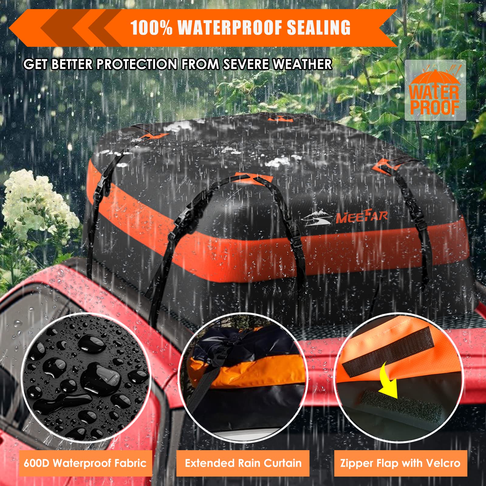 MeeFar Car Roof Bag XBEEK Rooftop top Cargo Carrier Bag Waterproof 15 Cubic feet for All Cars with/Without Rack, Includes Anti-Slip Mat, 8 Reinforced Straps, 6 Door Hooks, Luggage Lock