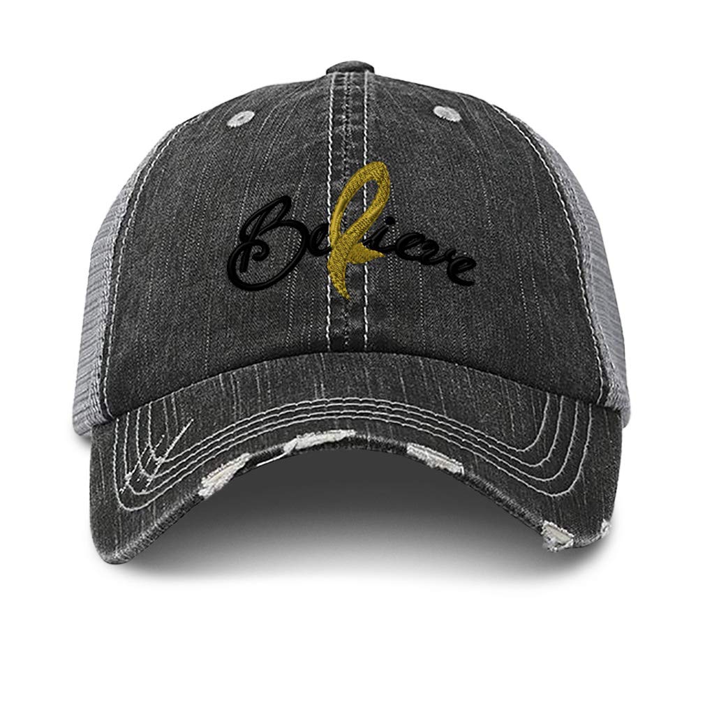 Custom Distressed Trucker Hat Cancer Gold Ribbon Childhood Embroidery Cotton for Men & Women Strap Closure Black Gray Design Only