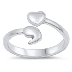 sterling silver semi colon heart ring size 10