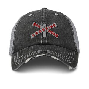 speedy pros distressed trucker hat railroad crossing embroidery for men & women black gray