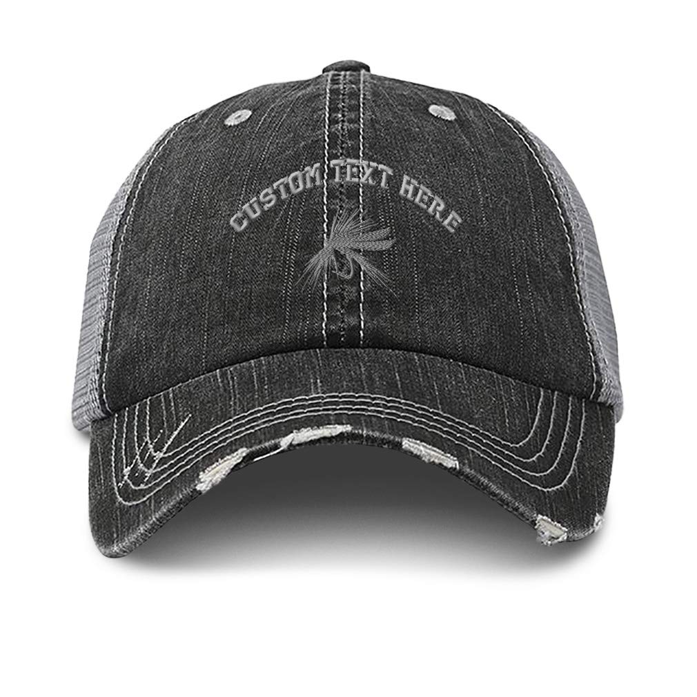 Custom Distressed Trucker Hat Silver Fly Fishing Embroidery Cotton for Men & Women Strap Closure Black Gray Personalized Text Here