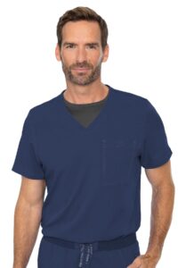 med couture men's v-neck scrub top, tuckable cadence one pocket scrub top with 2-way stretch technology mc7478, xl, navy