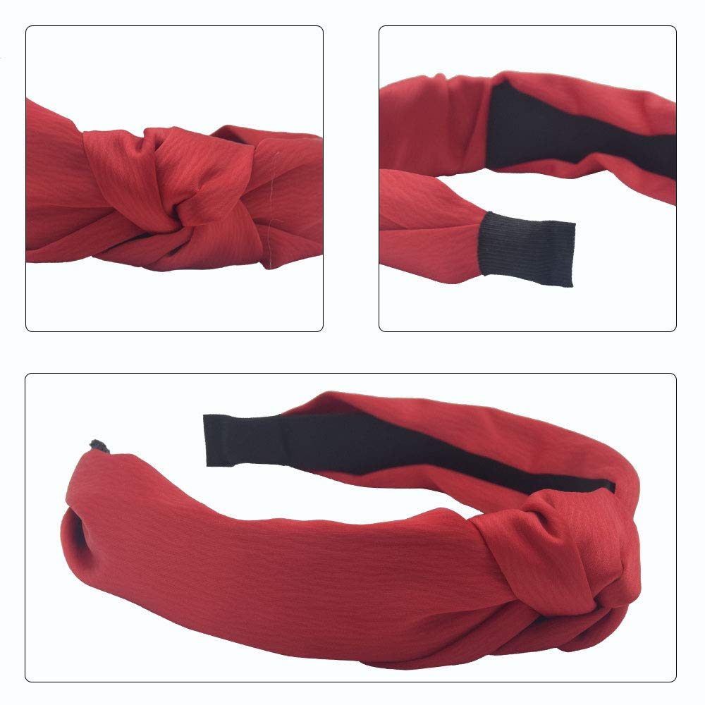 MHDGG Satin Knotted Turban Headband, Wide Solid Color Headwear for Women, Red