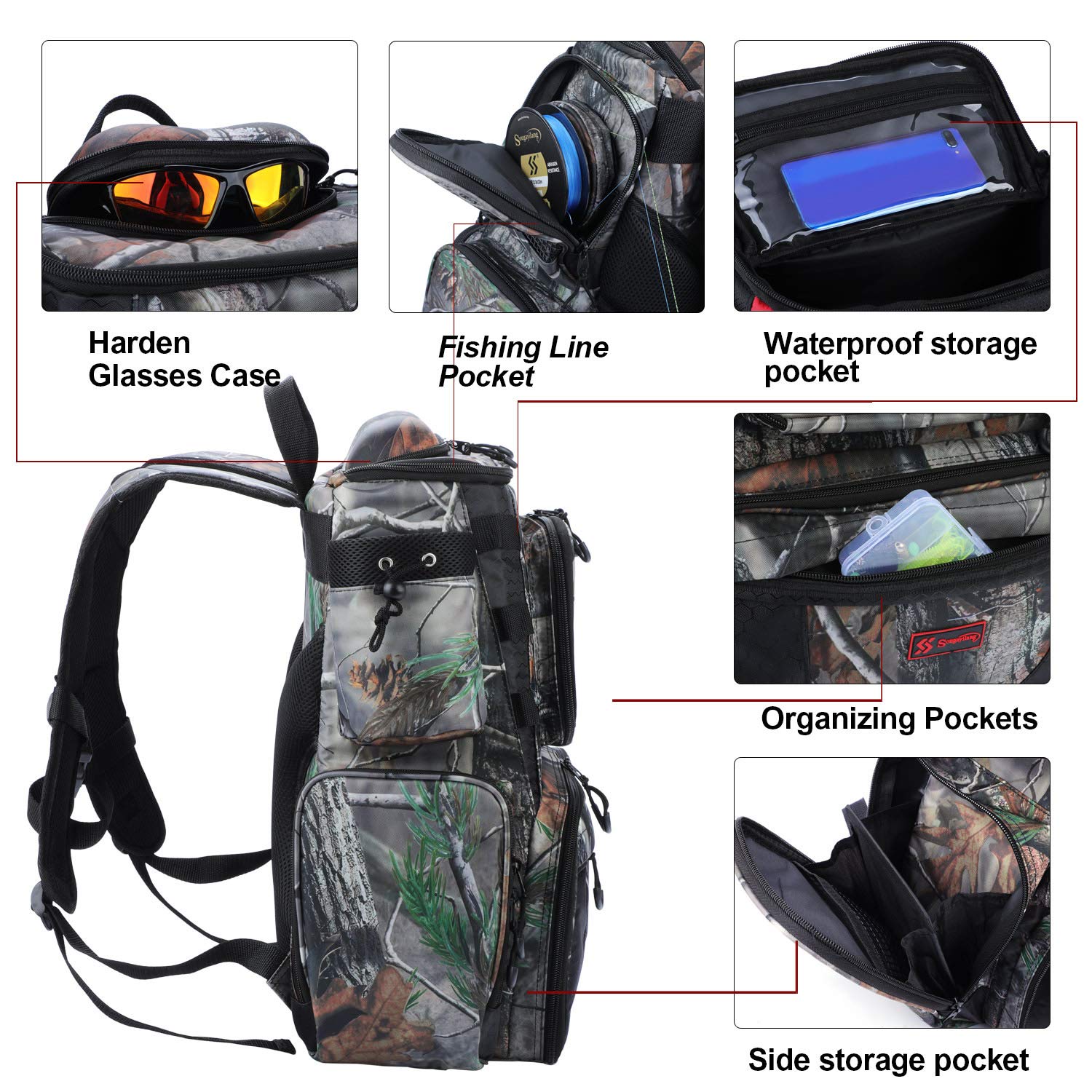 Sougayilang Fishing Tackle Backpack Waterproof Tackle Bag Storage with 4 Trays Tackle Box and Protective Rain Cover for Camping Hiking - Camouflage