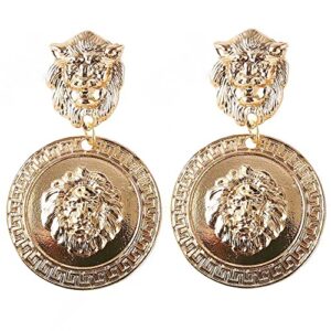 relovet lion head earrings vintage statement golden coin women fashion (gold)