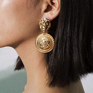 RELOVET Lion Head Earrings Vintage Statement Golden Coin Women Fashion (gold)