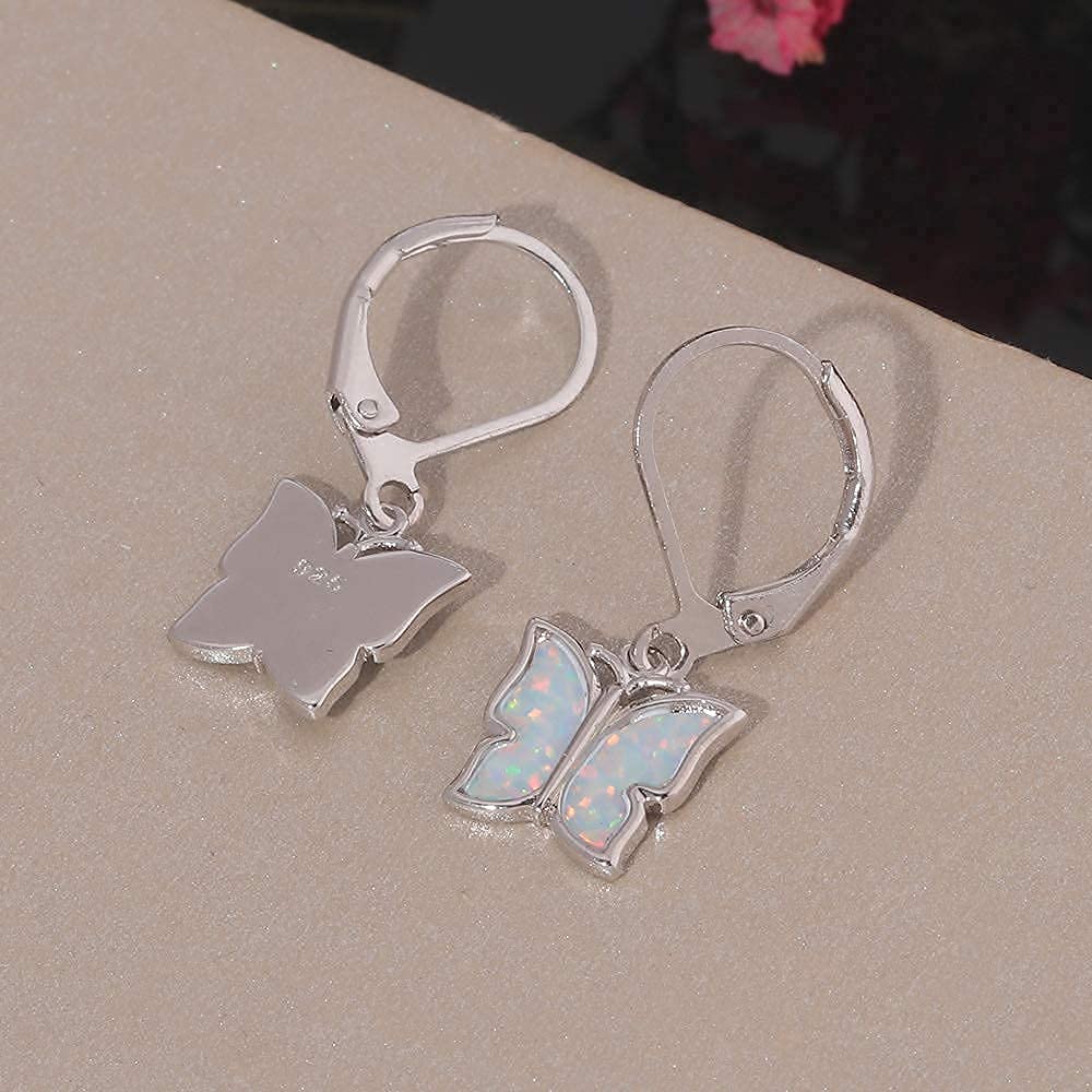 CiNily Butterfly Dangle Leverback Earrings for Women Opal Drop Earrings for Sensitive Ears White Gold Plated Cute Jewelry