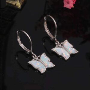 CiNily Butterfly Dangle Leverback Earrings for Women Opal Drop Earrings for Sensitive Ears White Gold Plated Cute Jewelry