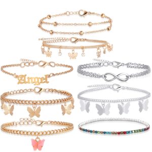 hicarer 8 pieces anklets for women cute charms butterfly ankle bracelets colorful rhinestone anklets boho beach layered chain anklets for girls foot jewelry (delicate style)