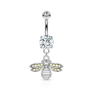 dynamique bee with ab crystal paved wings dangle double jeweled 316l surgical steel belly button rings (sold per piece)