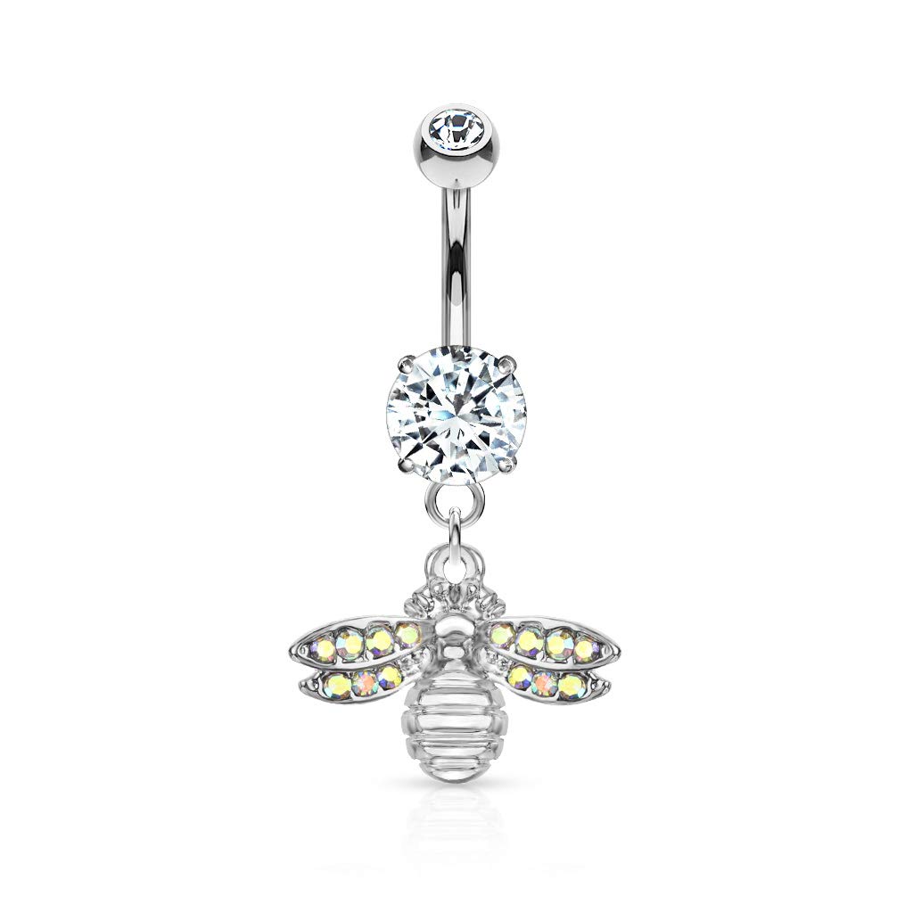 Dynamique Bee With AB Crystal Paved Wings Dangle Double Jeweled 316L Surgical Steel Belly Button Rings (Sold Per Piece)