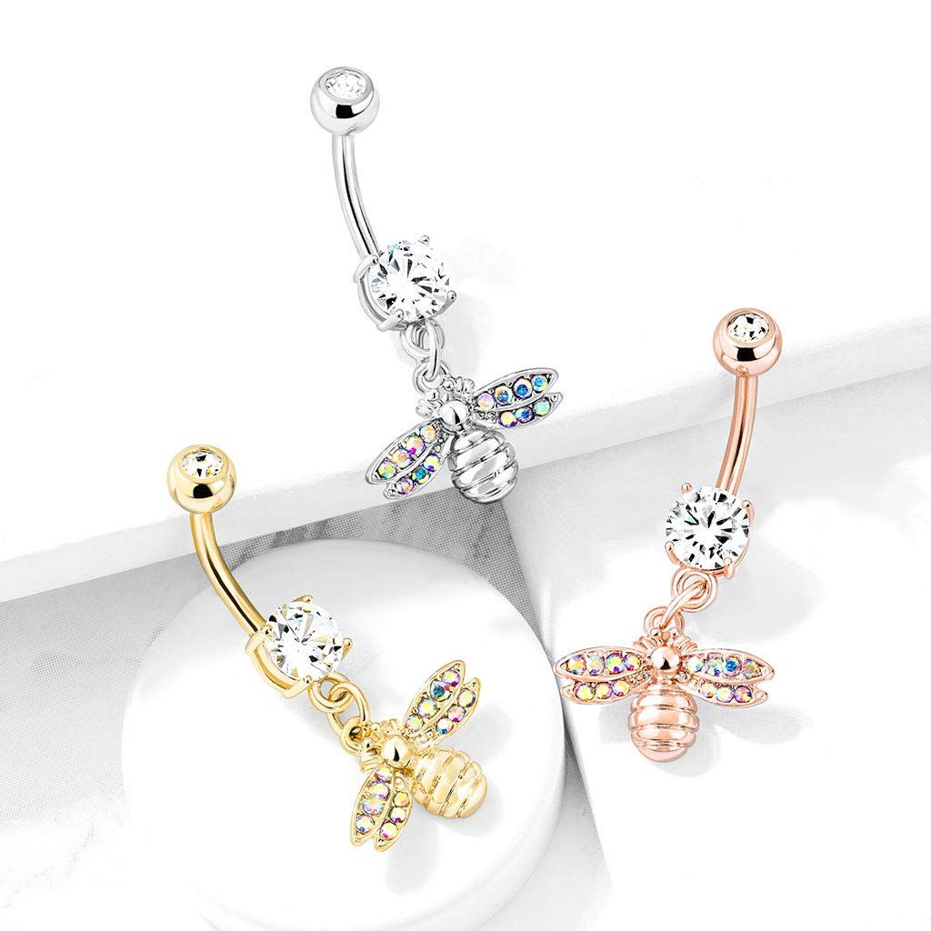 Dynamique Bee With AB Crystal Paved Wings Dangle Double Jeweled 316L Surgical Steel Belly Button Rings (Sold Per Piece)