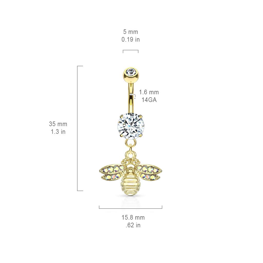 Dynamique Bee With AB Crystal Paved Wings Dangle Double Jeweled 316L Surgical Steel Belly Button Rings (Sold Per Piece)