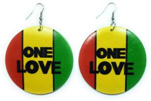 rasta red yellow green africa one love circle wood wooden light weight black african american fashion earrings