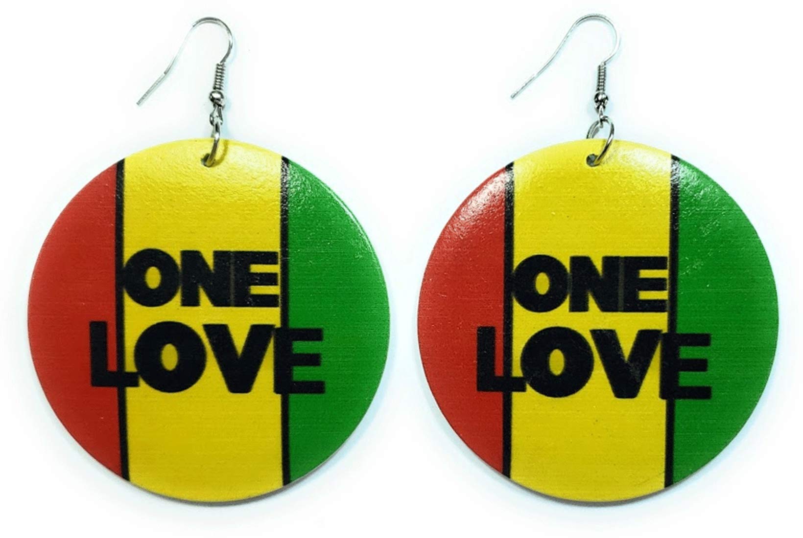 Rasta Red Yellow Green Africa One Love Circle Wood Wooden Light Weight Black African American Fashion Earrings