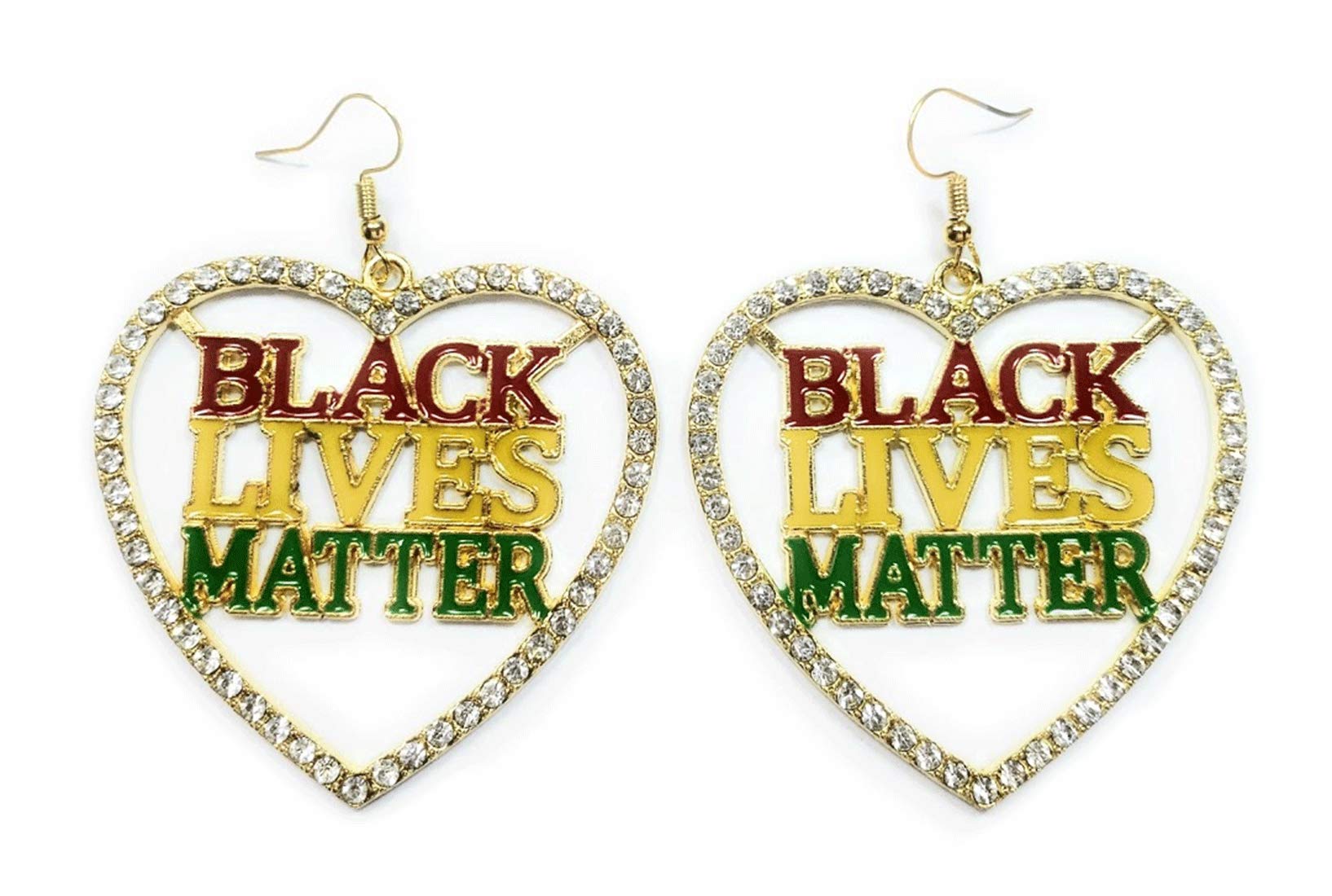 Black Lives Matter Love Heart Bright Rhinestone Crystal African Jamaican Women Dangle Drop Earrings