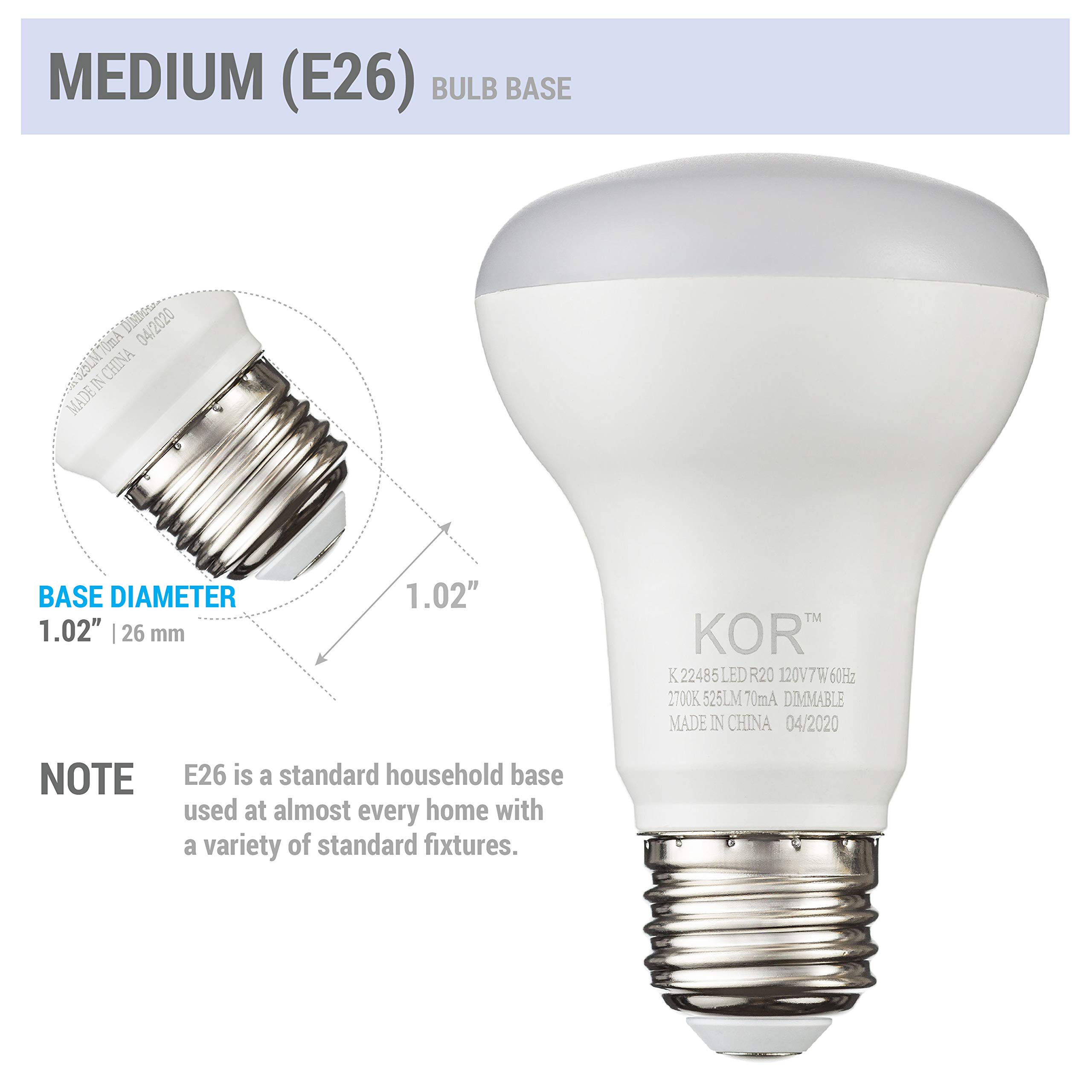 KOR (6 Pack) 7W LED R20 Reflector Light Bulb (50W Equivalent), Dimmable, 550 Lumens, UL & Energy Star, Standard E26 Base, BR20 LED Flood Light Bulbs for Recessed Can Use (2700K (Warm White))