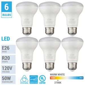 KOR (6 Pack) 7W LED R20 Reflector Light Bulb (50W Equivalent), Dimmable, 550 Lumens, UL & Energy Star, Standard E26 Base, BR20 LED Flood Light Bulbs for Recessed Can Use (2700K (Warm White))