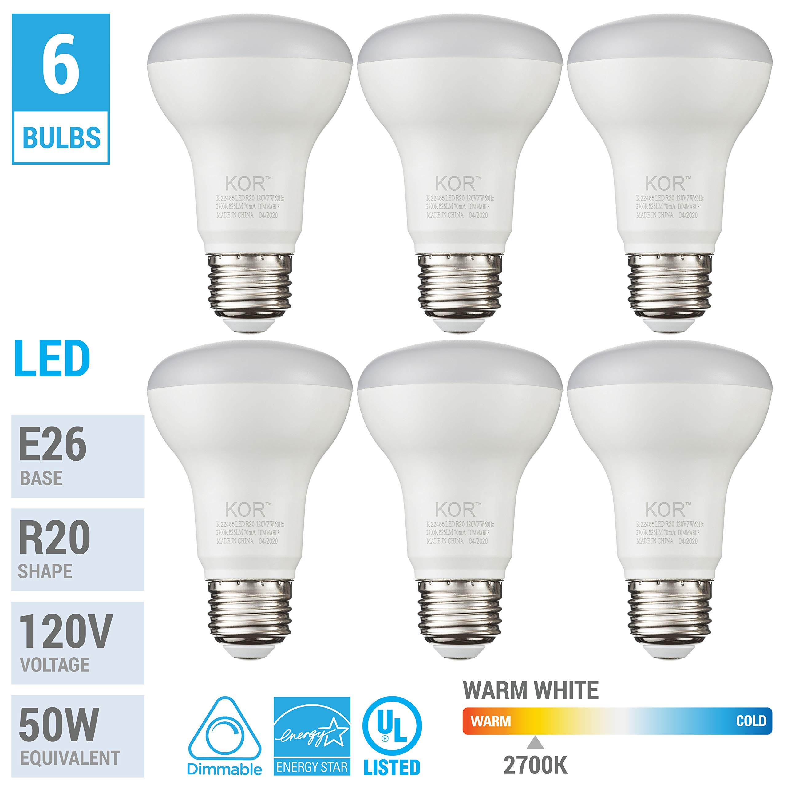 KOR (6 Pack) 7W LED R20 Reflector Light Bulb (50W Equivalent), Dimmable, 550 Lumens, UL & Energy Star, Standard E26 Base, BR20 LED Flood Light Bulbs for Recessed Can Use (2700K (Warm White))