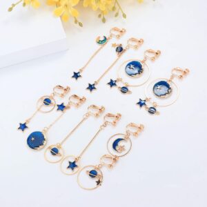 SAILIMUE 5Pairs Clip on Earrings Dangle Set for Women Teen Girls Cute Moon and Star Earrings Non Pierced Ear Clip Saturn Earrings