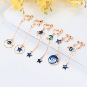 SAILIMUE 5Pairs Clip on Earrings Dangle Set for Women Teen Girls Cute Moon and Star Earrings Non Pierced Ear Clip Saturn Earrings