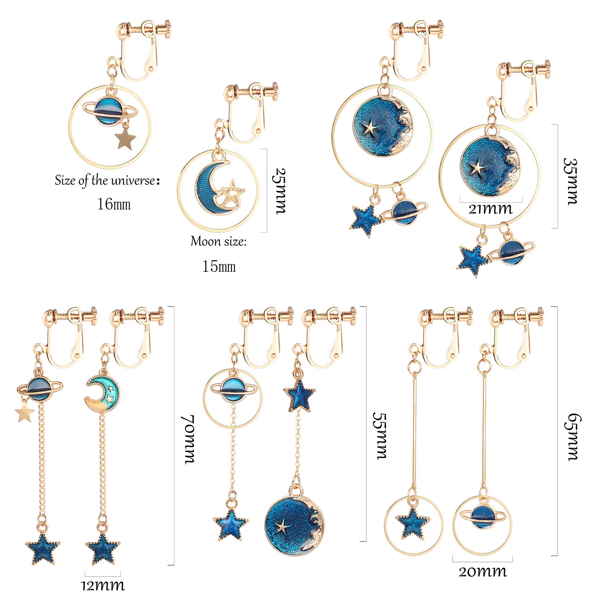 SAILIMUE 5Pairs Clip on Earrings Dangle Set for Women Teen Girls Cute Moon and Star Earrings Non Pierced Ear Clip Saturn Earrings