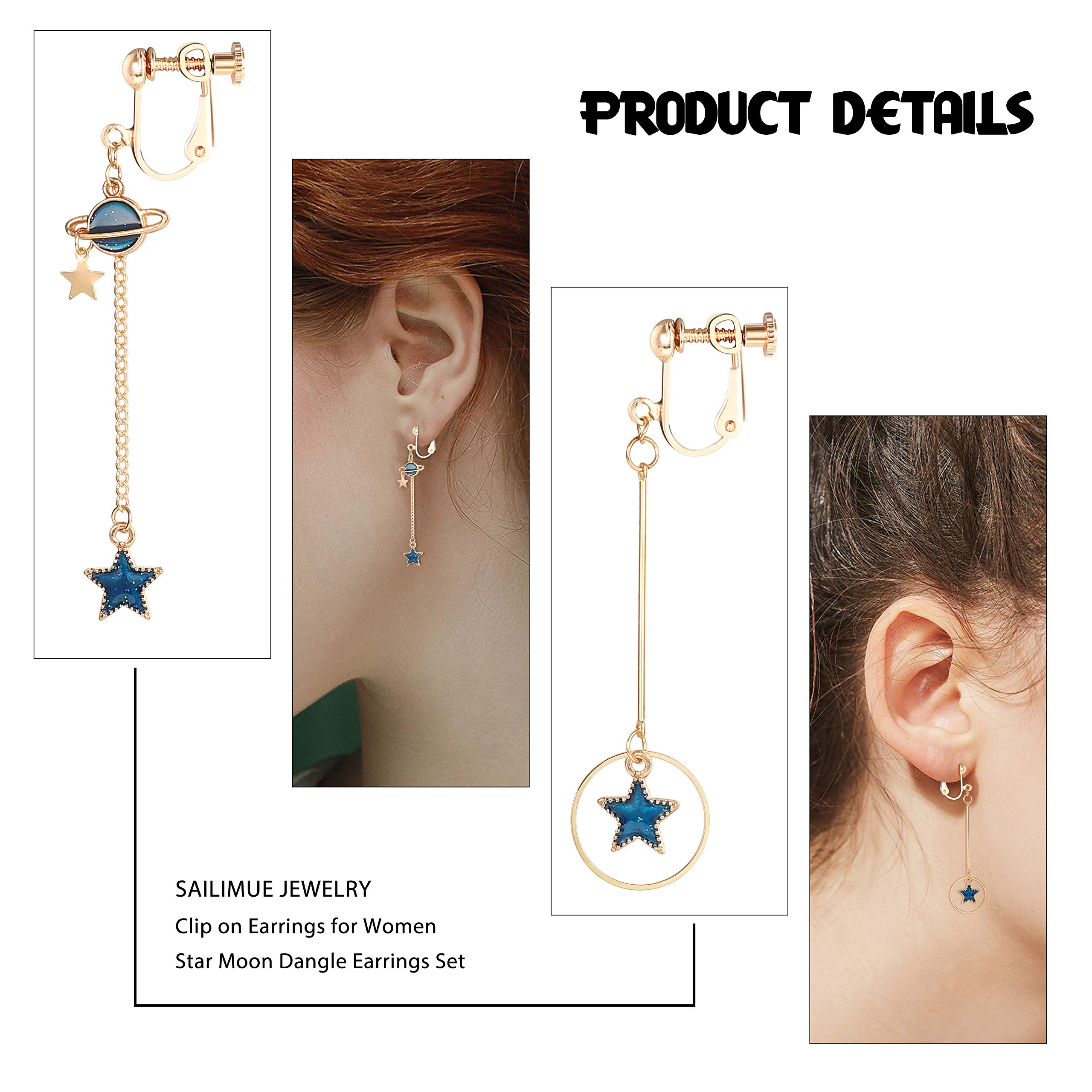 SAILIMUE 5Pairs Clip on Earrings Dangle Set for Women Teen Girls Cute Moon and Star Earrings Non Pierced Ear Clip Saturn Earrings