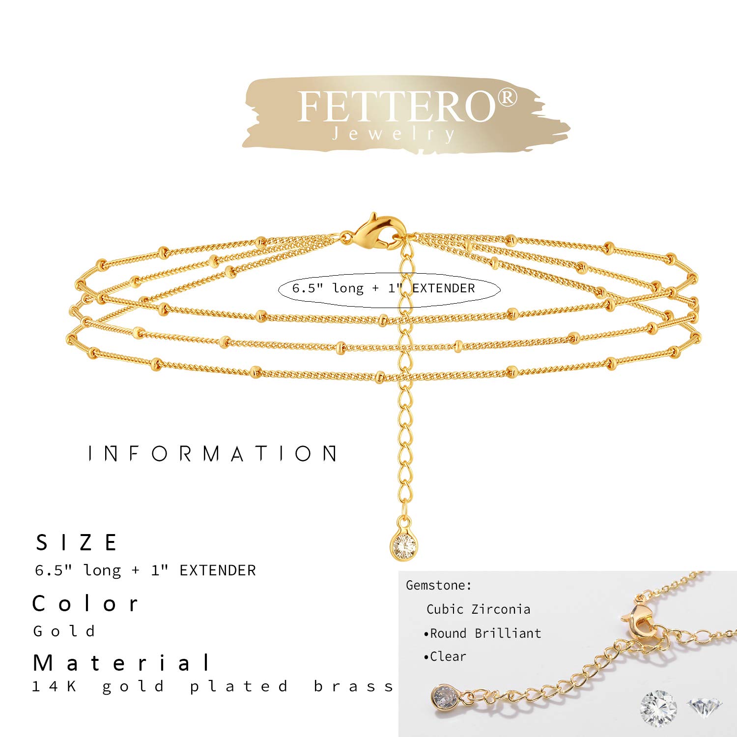 Fettero 14K Gold Bracelet for Women Gold Plated Bracelet Dainty Chain Gold Beaded Bracelet Paperclip/Curb/Figaro/Satellite Chain Adjustable Bracelet Jewelry -Satellite 3 Layer Gold