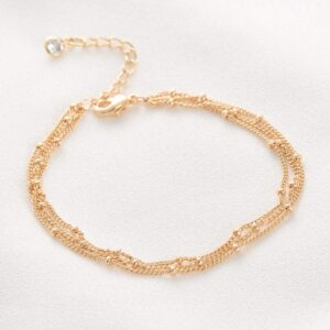 Fettero 14K Gold Bracelet for Women Gold Plated Bracelet Dainty Chain Gold Beaded Bracelet Paperclip/Curb/Figaro/Satellite Chain Adjustable Bracelet Jewelry -Satellite 3 Layer Gold