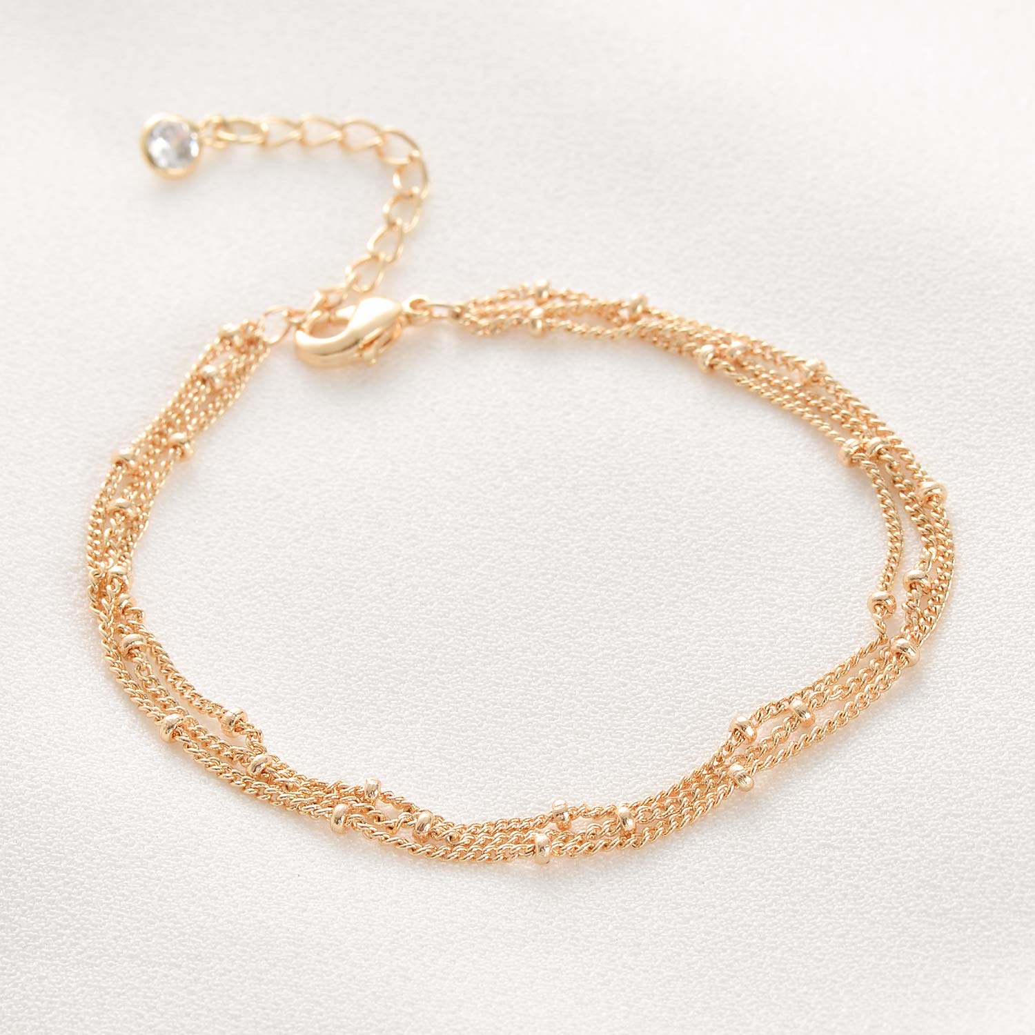 Fettero 14K Gold Bracelet for Women Gold Plated Bracelet Dainty Chain Gold Beaded Bracelet Paperclip/Curb/Figaro/Satellite Chain Adjustable Bracelet Jewelry -Satellite 3 Layer Gold