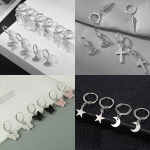 AIDSOTOU 12 Pairs Small Silver Butterfly Star Hoop Earrings Sets for Women Girls Mini Huggie Hoop Earrings with Dangle Charms