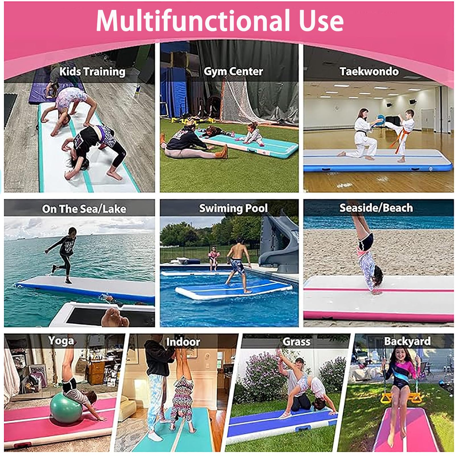 DOBESTS Inflatable Airtrack Gymnastics Tumbling Mat 10ft 13ft 16ft 20ft Air Track with Electric Air Pump for Gymnastic Training Yoga Exercise Indoor Outdoor Sport (Pink, 6m)